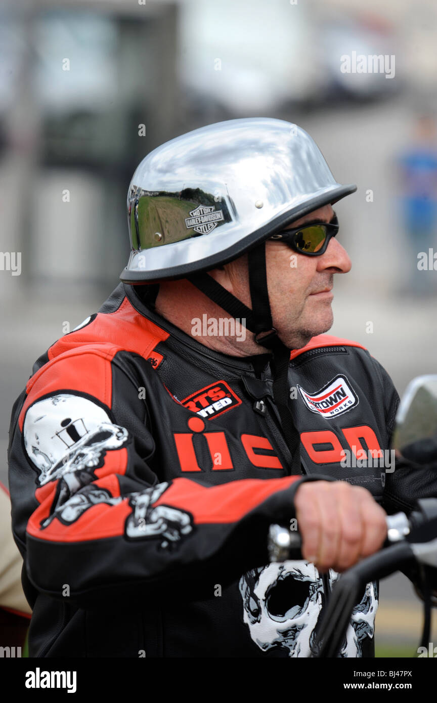 A biker at a Harley Davidson motorbike rally in Weston-Super-Mare UK ...