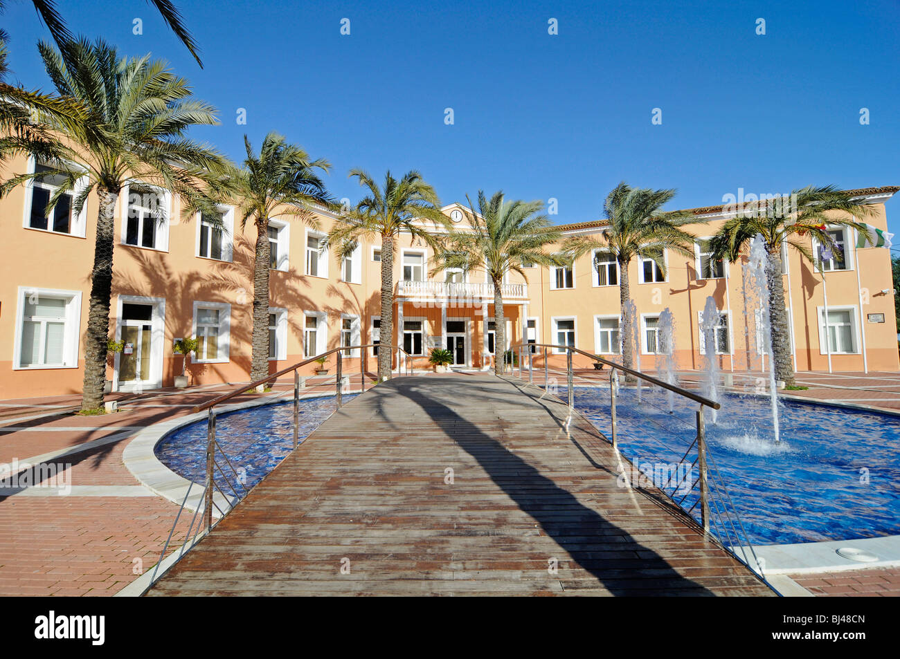 Palm trees, pools, town hall, El Verger, Denia, Costa Blanca, Alicante ...