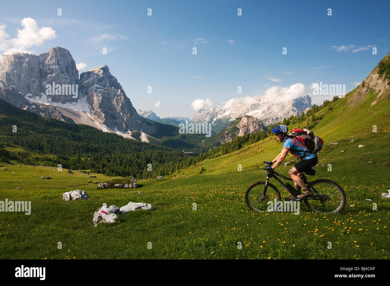 Mountain bike rider on the descent from Forcella Ambrizzola mountain ...