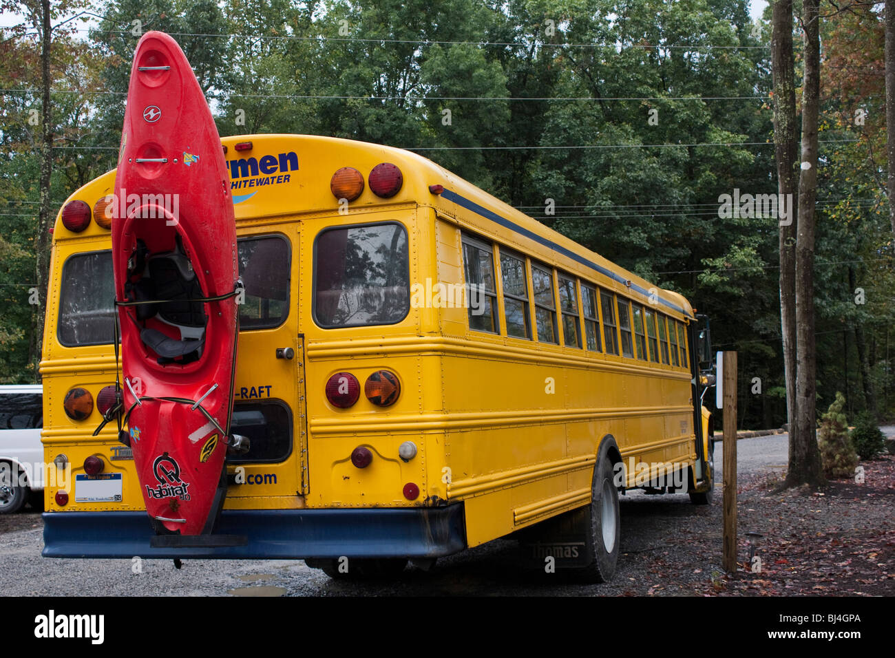 American school bus with a kayak camp Rivermen rafting West Virginia ...
