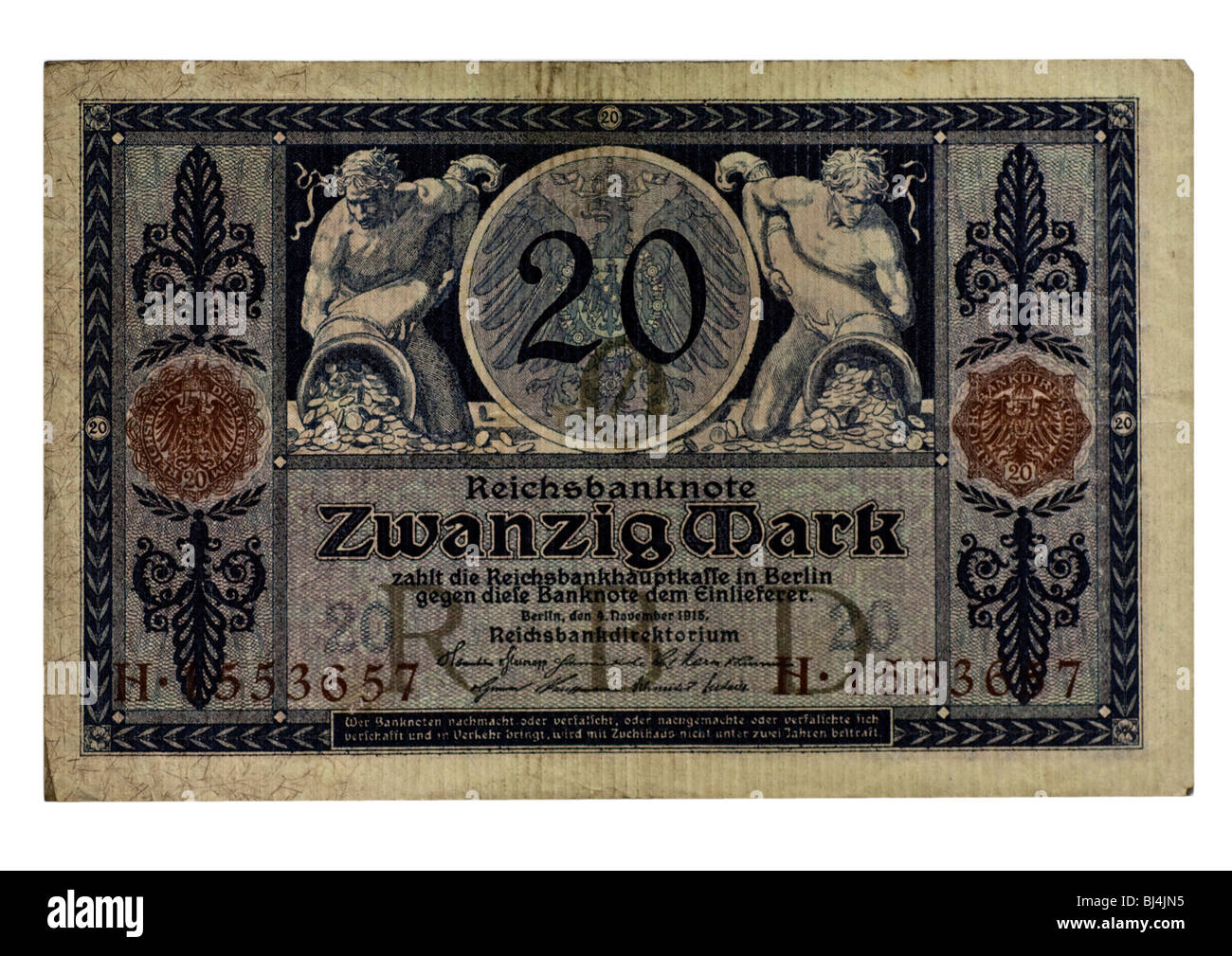 Front of a Reichsbanknote bill of the Central Bank over 20 marks ...