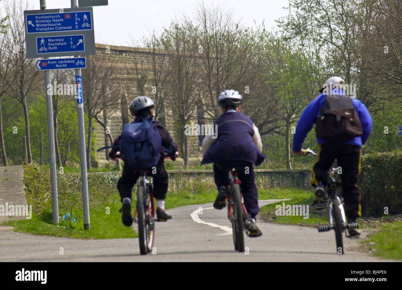 Cyclists on the Sustrans cycle path way at the former Mangotsfield ...