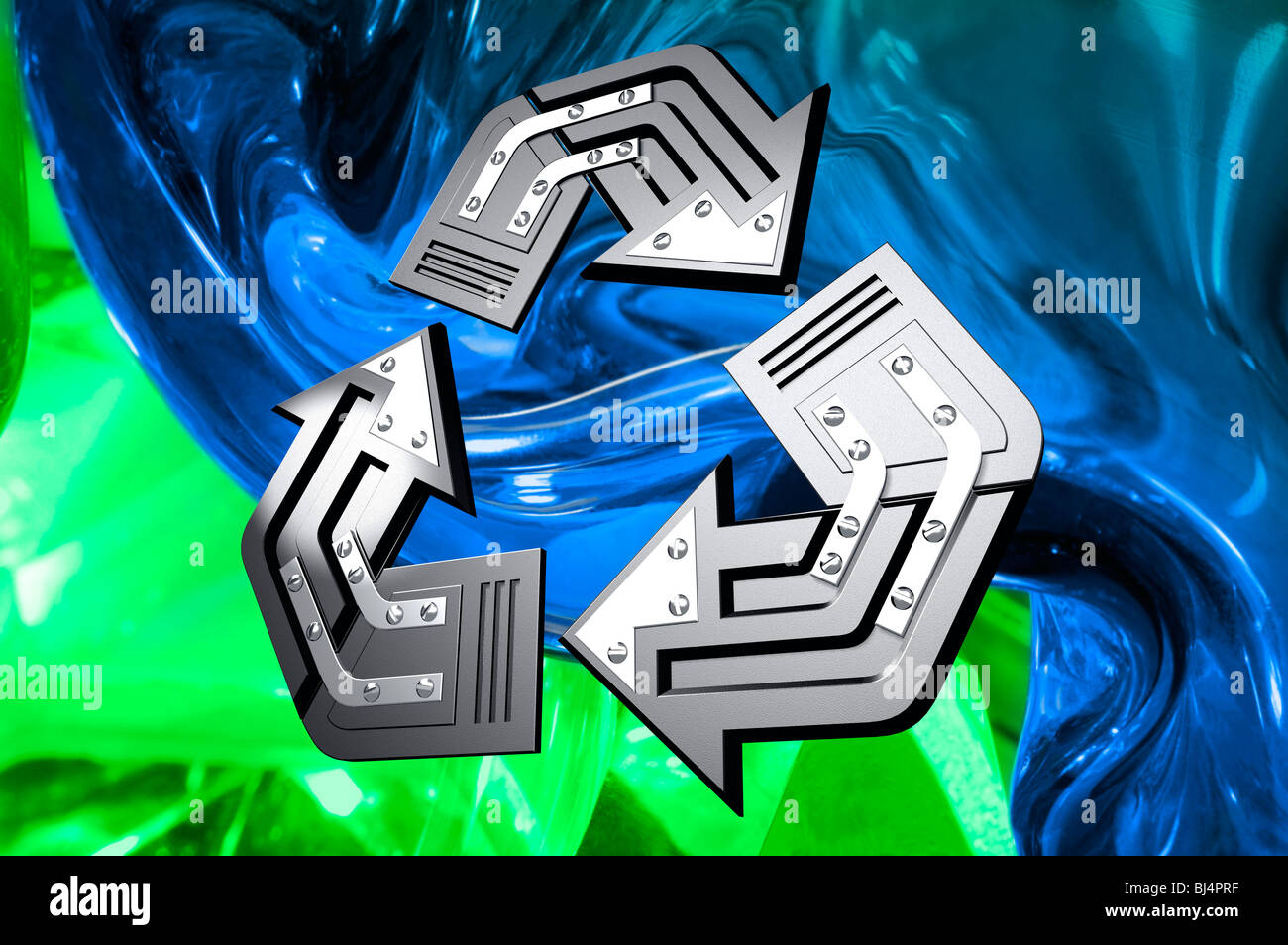 Artistic recycling symbol over abstract green blue background ...