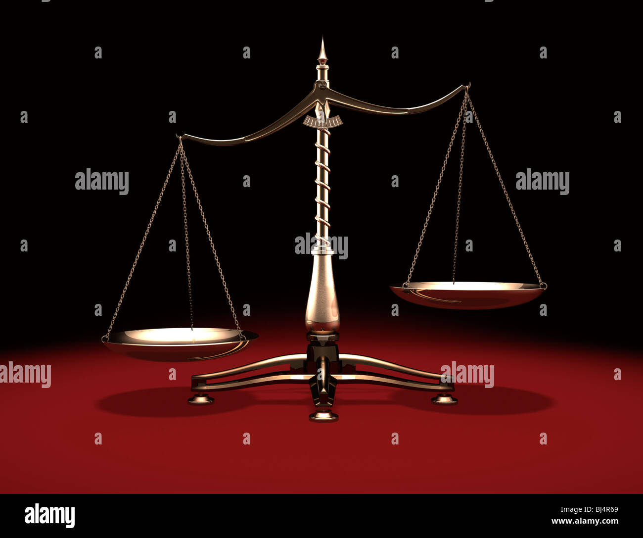 Biased brass weight scales Law and Justice symbol Isolated on black red ...