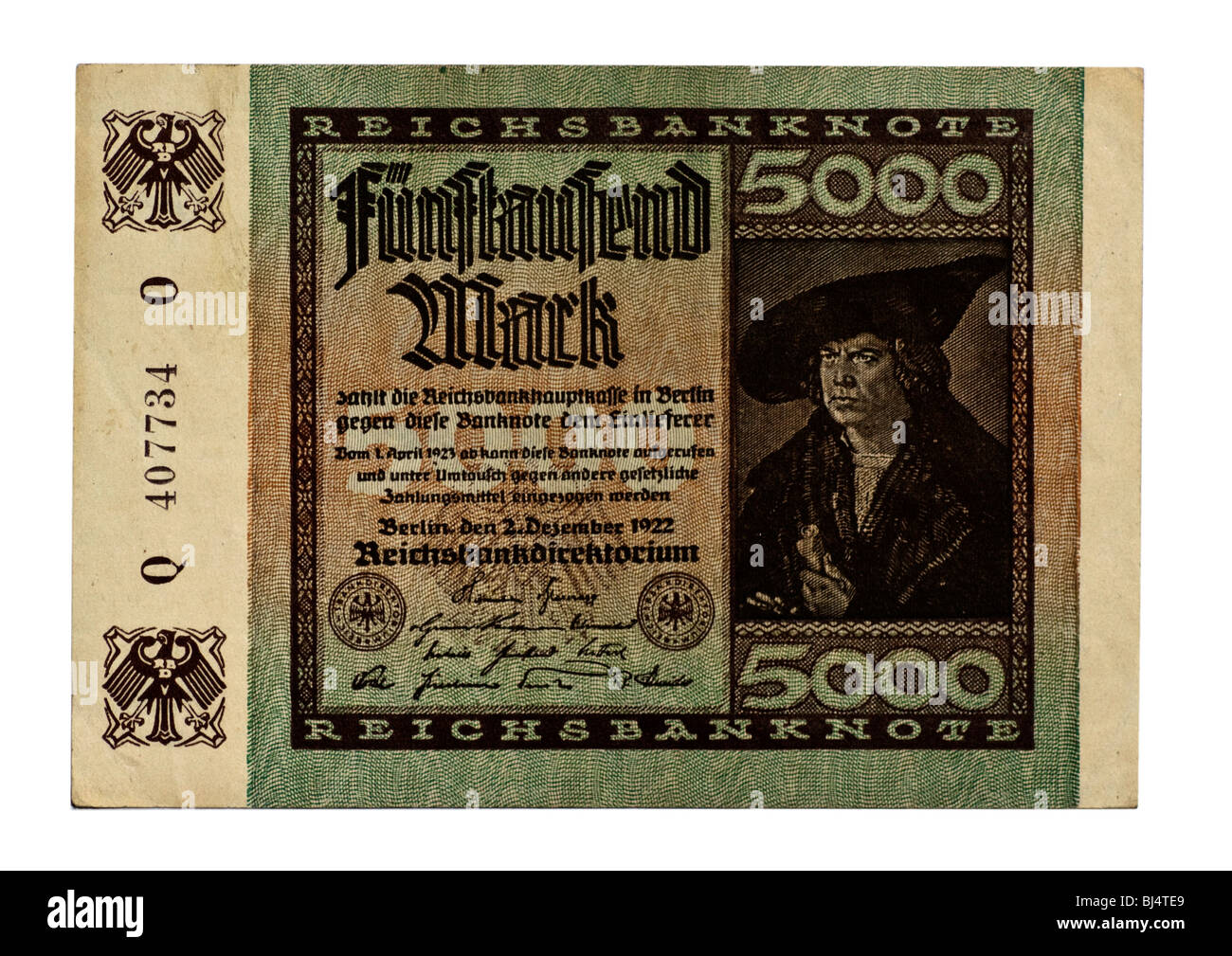 Front of a Reichsbanknote bill of the Central Bank over 5, 000 marks ...