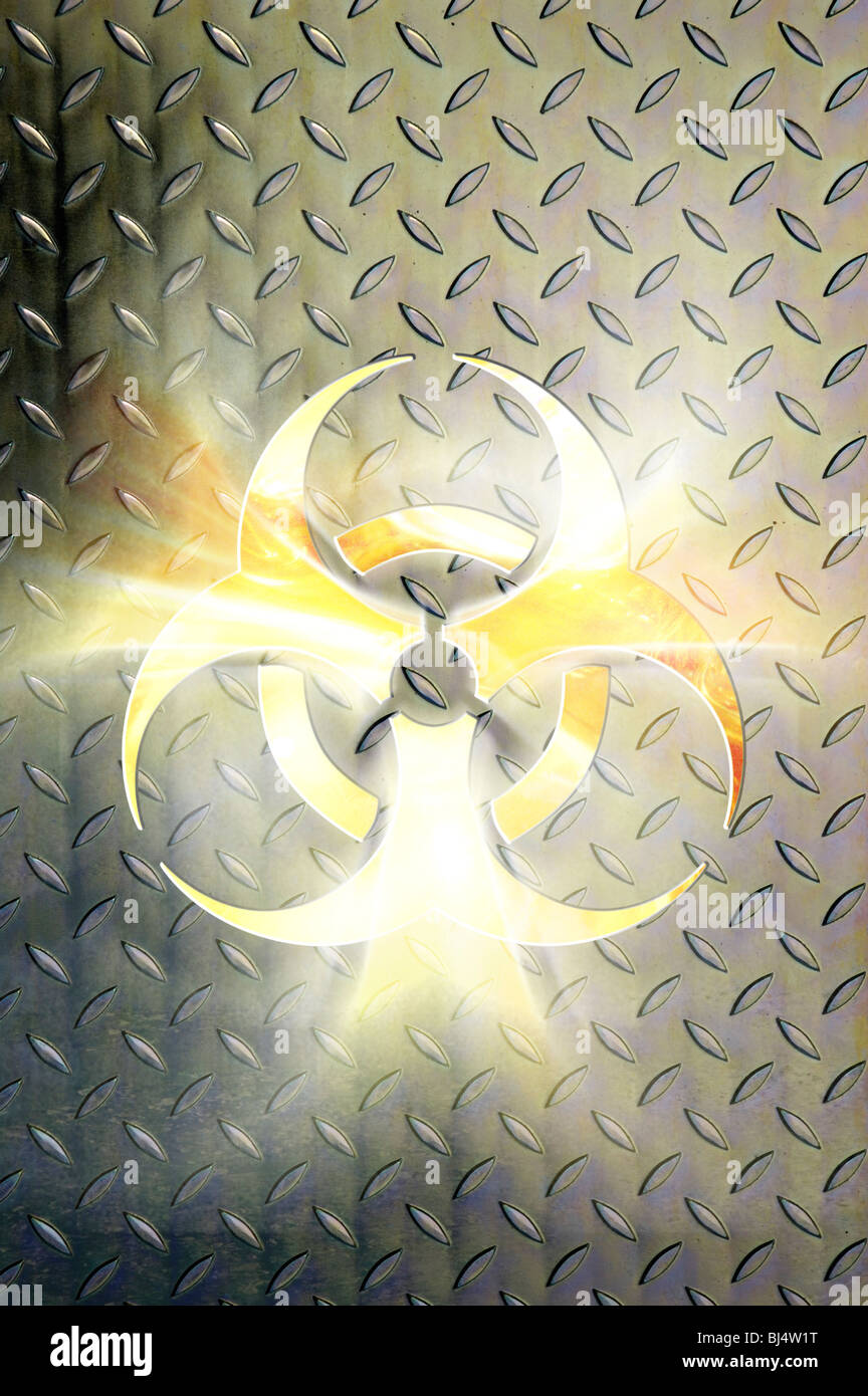 Glowing biohazard symbol over steel background Conceptual photo ...