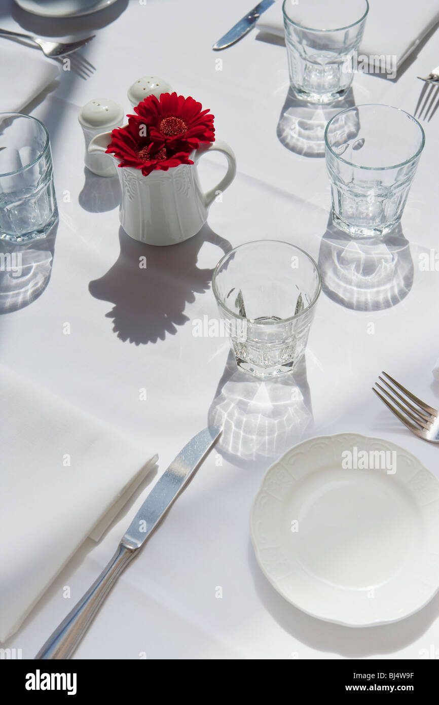 single place table setting accented with red flowers Stock Photo - Alamy