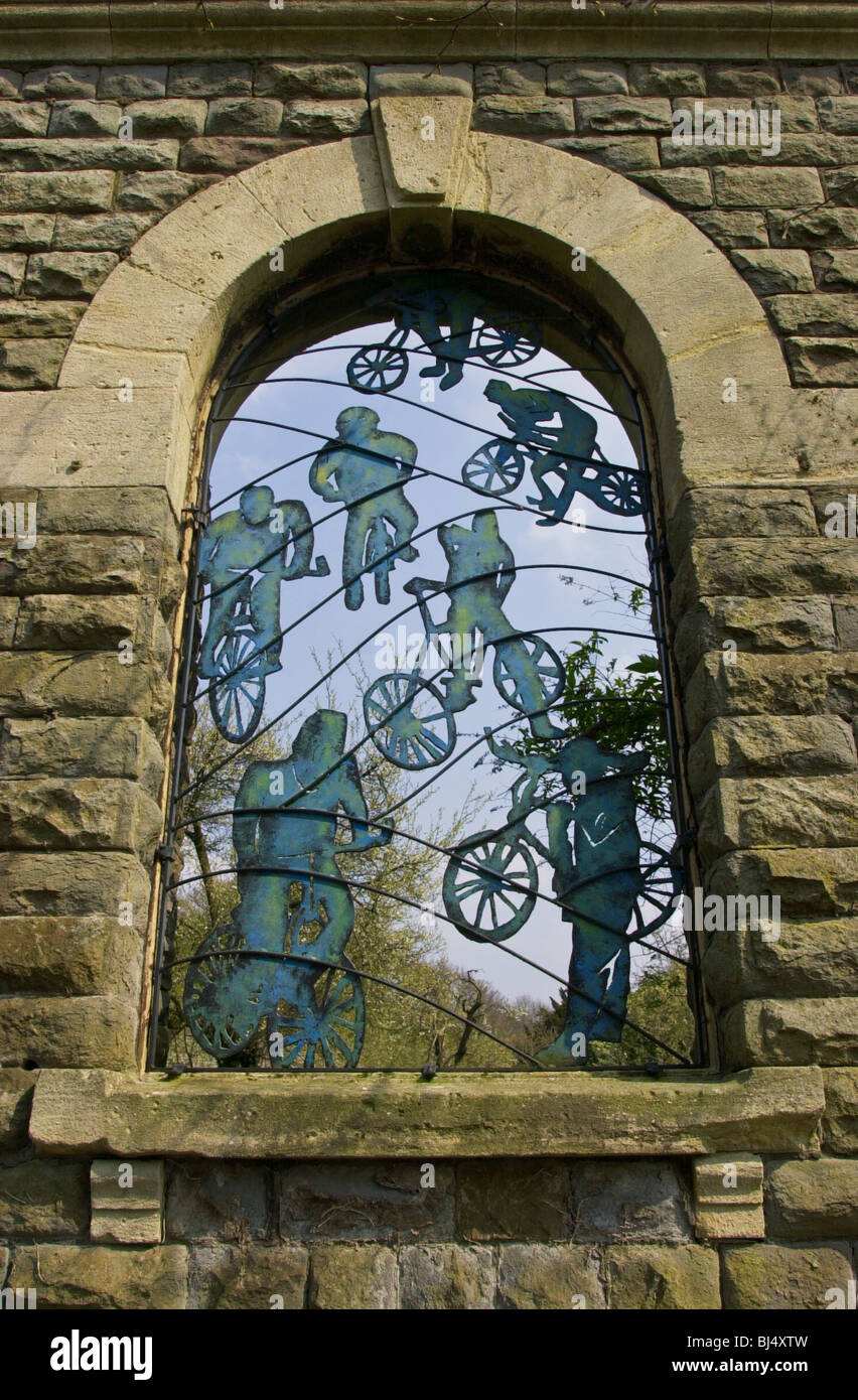 Sustrans cycle path way sculpture at the former Mangotsfield Railway ...