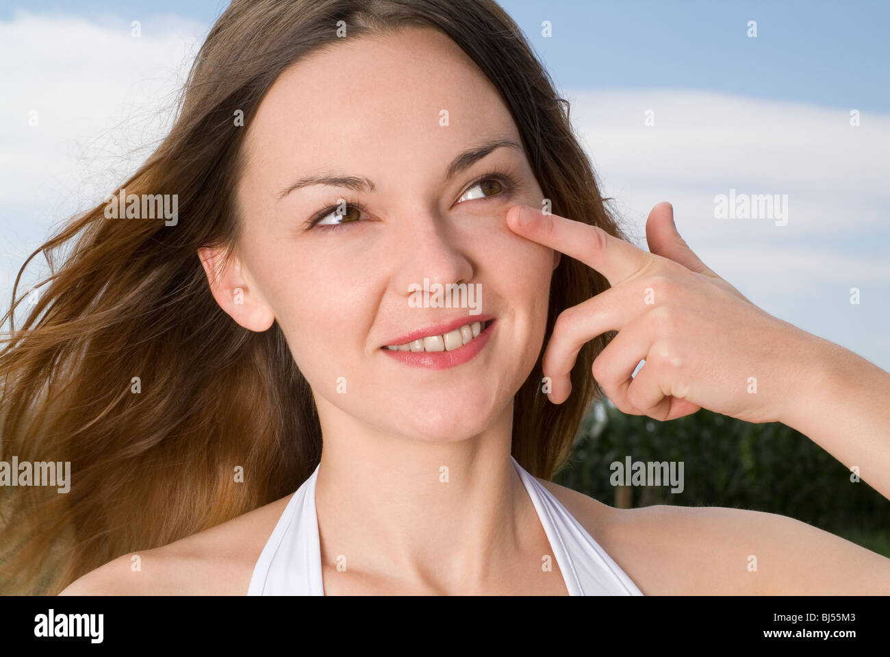 woman, blue sky, eye, pointing out, happy, portrait, summer, spring ...