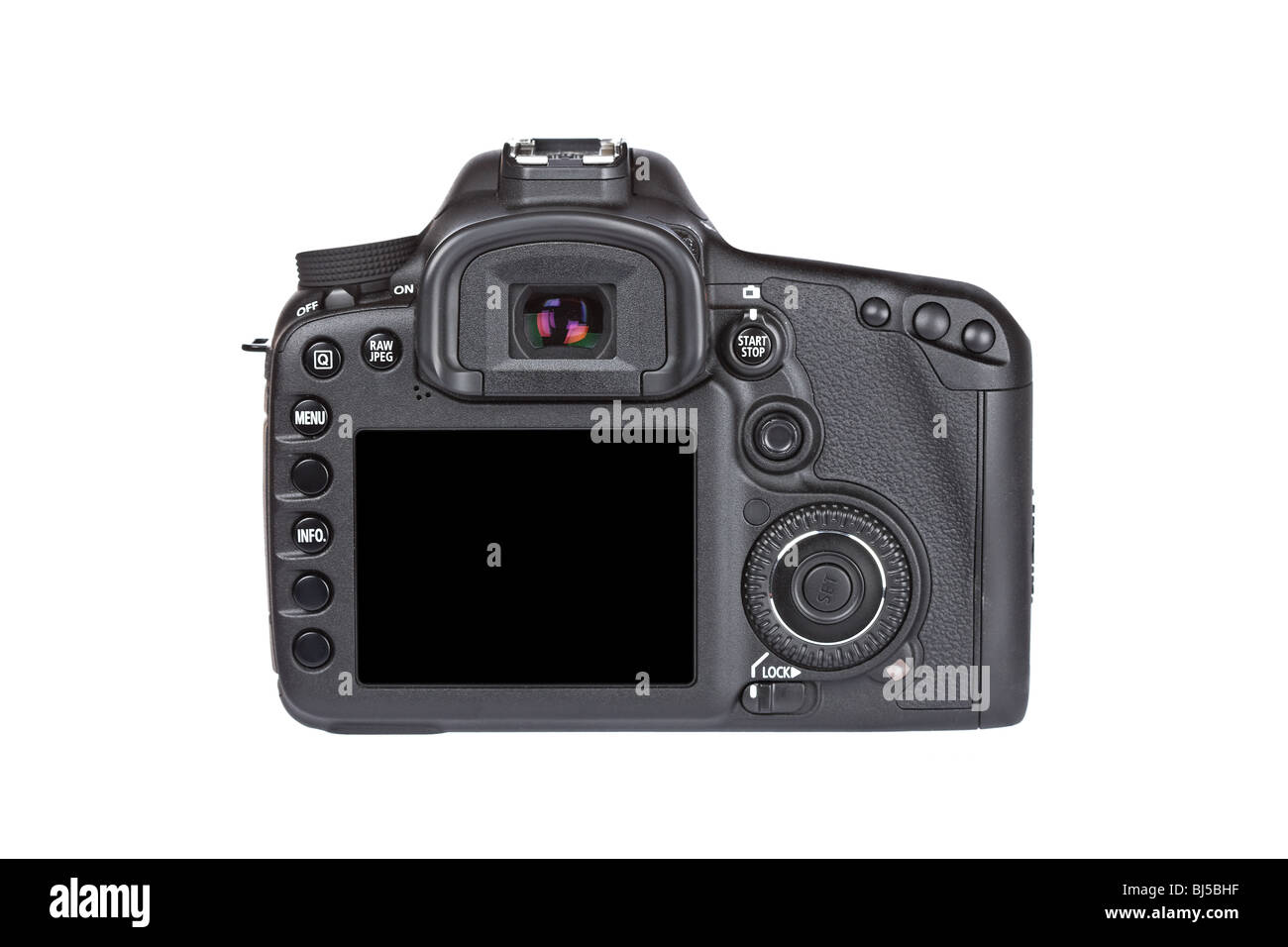 Rear view of digital slr camera isolated on white background. Shallow ...