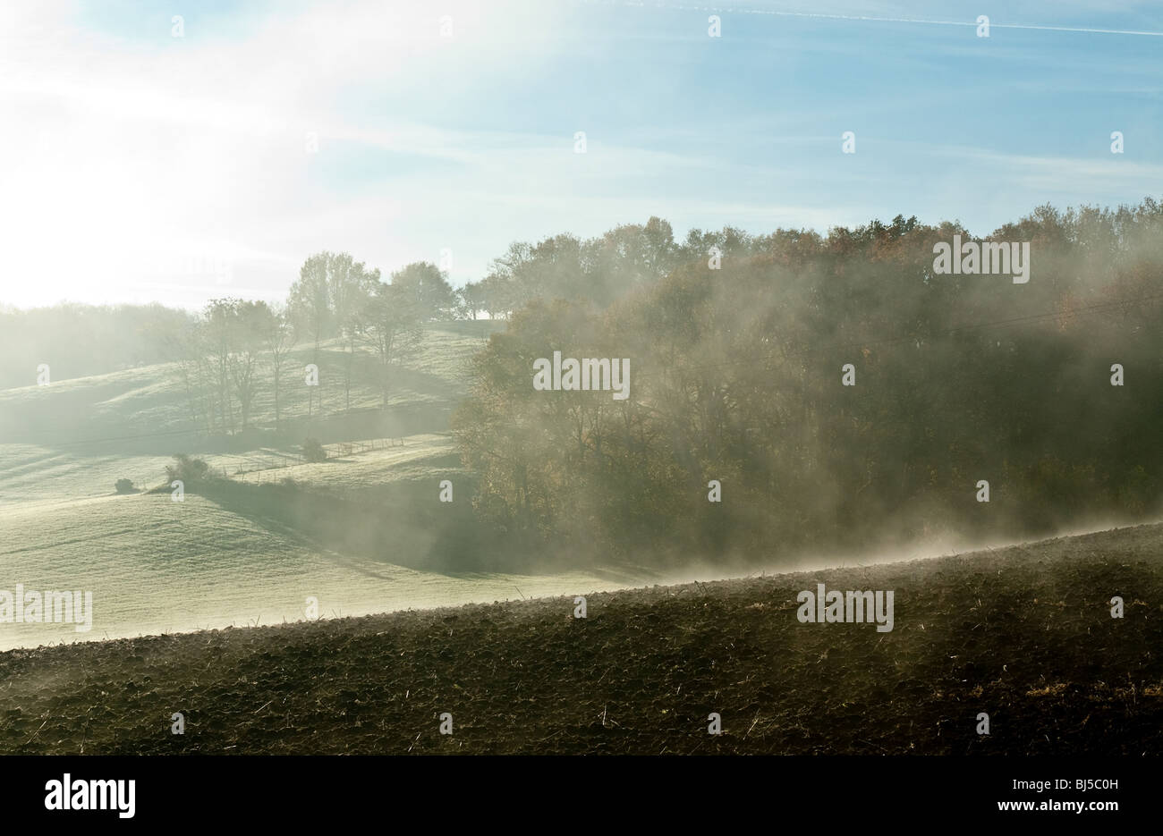 Early morning mist rising over frosty fields in France Stock Photo - Alamy