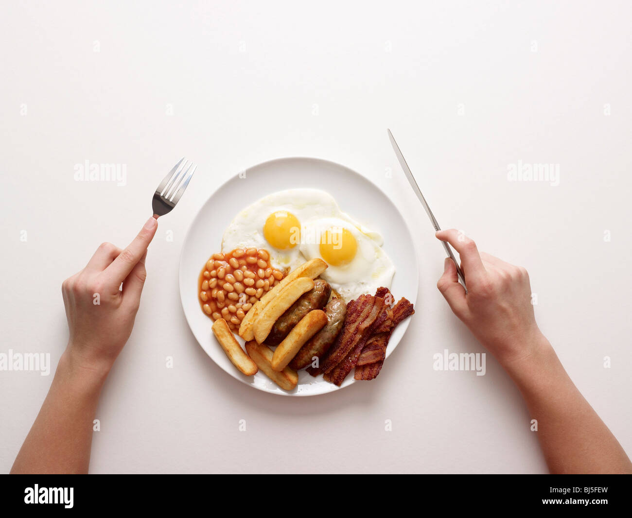 Hands next to plate of fried breakfast Stock Photo - Alamy