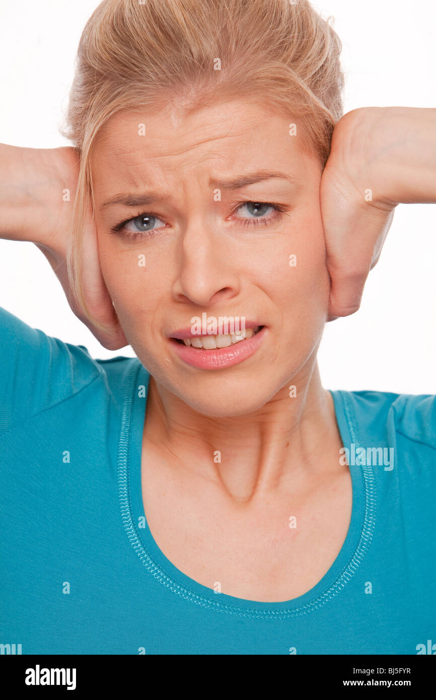 Woman keep shut ear hi-res stock photography and images - Alamy