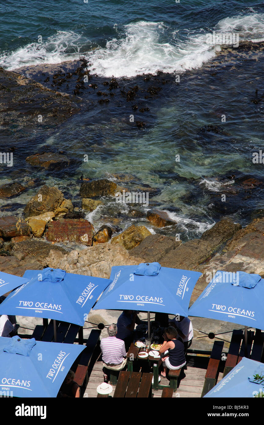 Restaurant diners on the waterfront in Hermanus a coastal resort in the ...