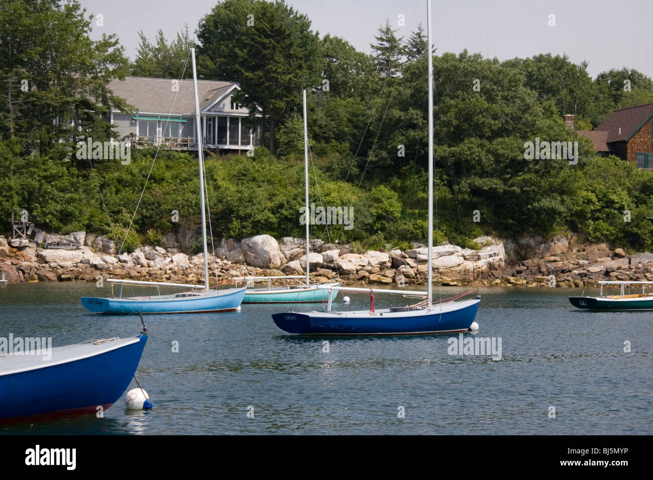 Moored Sailboats in Small Point Harbor Stock Photo - Alamy