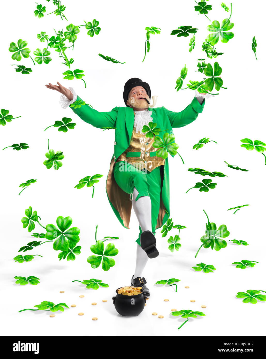 Leprechaun in bright green clothes with a pot full of gold throwing ...