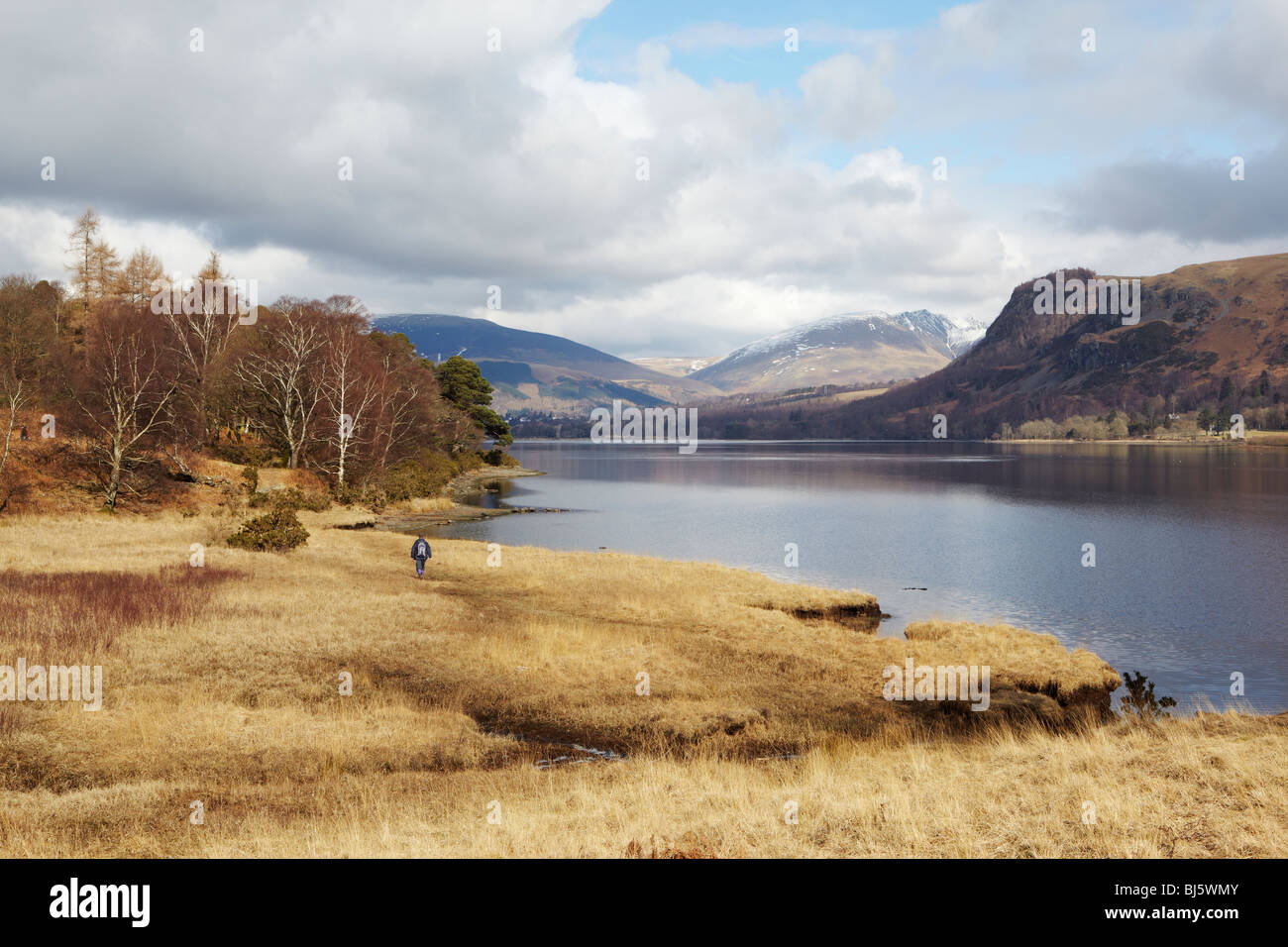 A winter view across Derwentwater from Manesty Park with Skiddaw in the ...