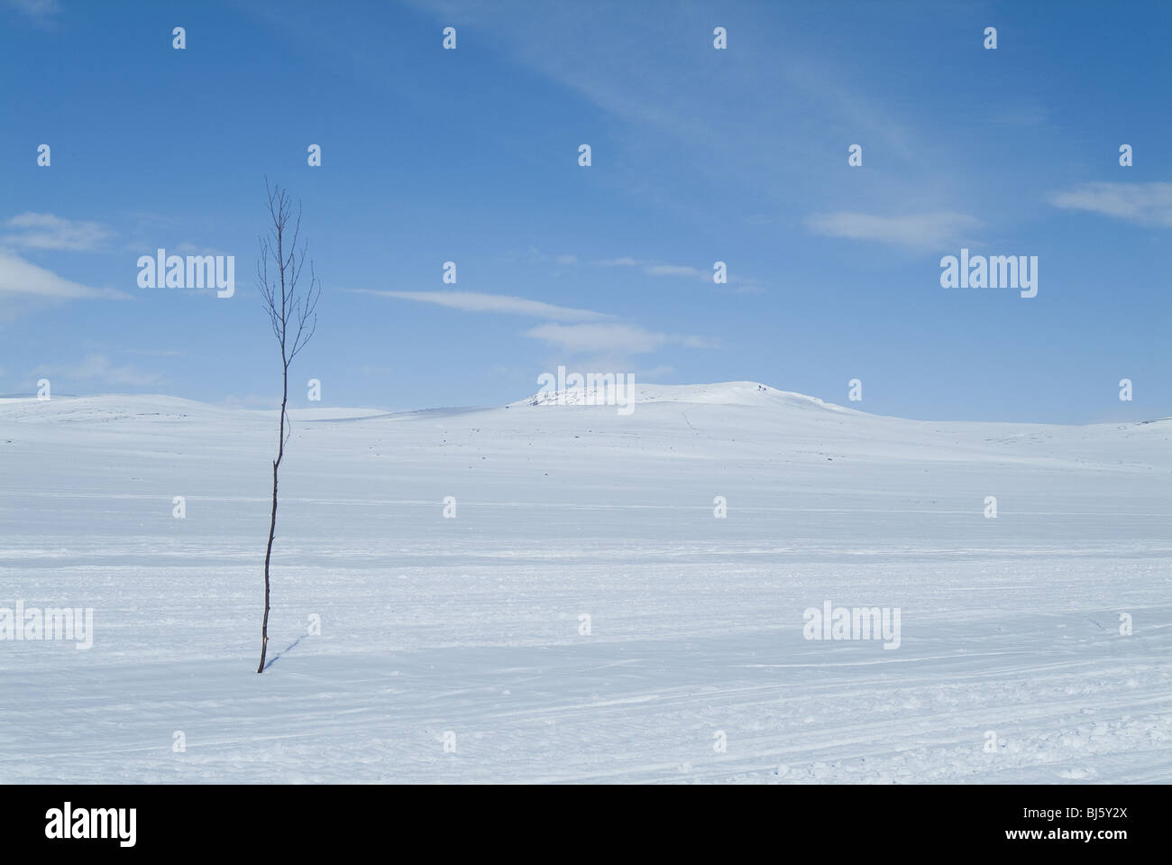 Beautiful soft snowy mountain with whispy clouds and blue sky and ...
