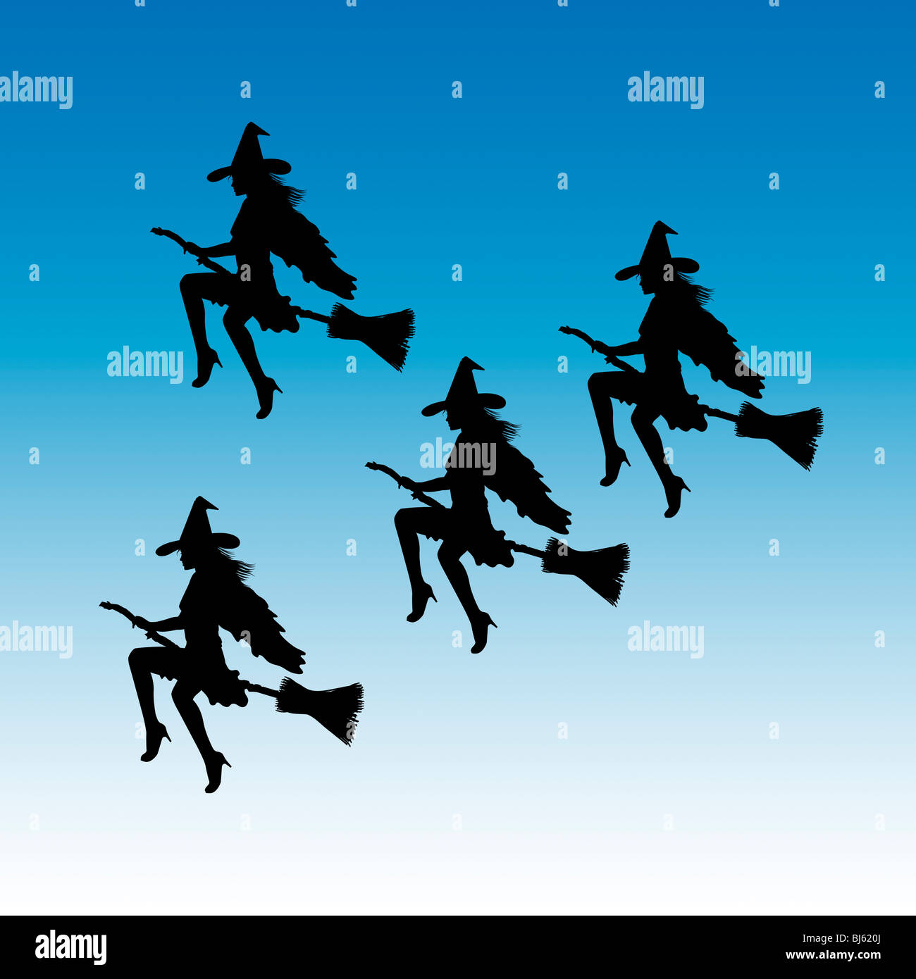 Illustration of Witches flying on their Broomsticks Stock Photo - Alamy