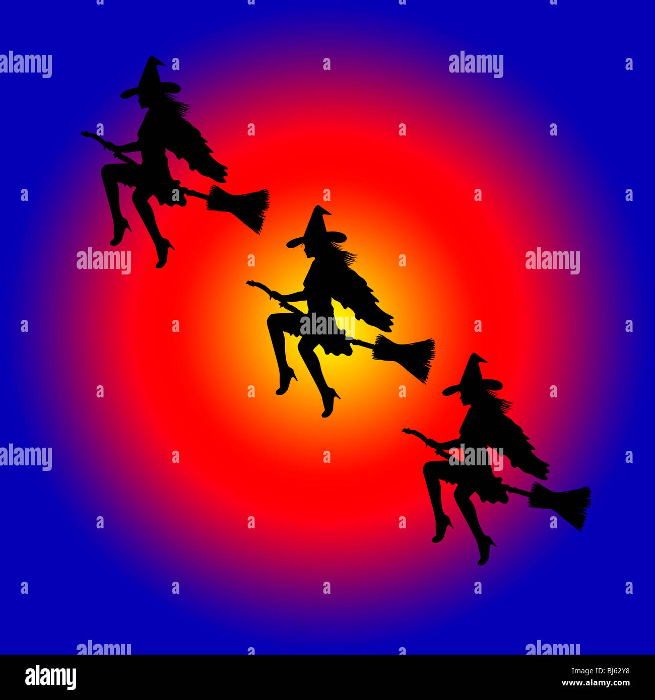 Illustration of Witches flying on their Broomsticks Stock Photo - Alamy