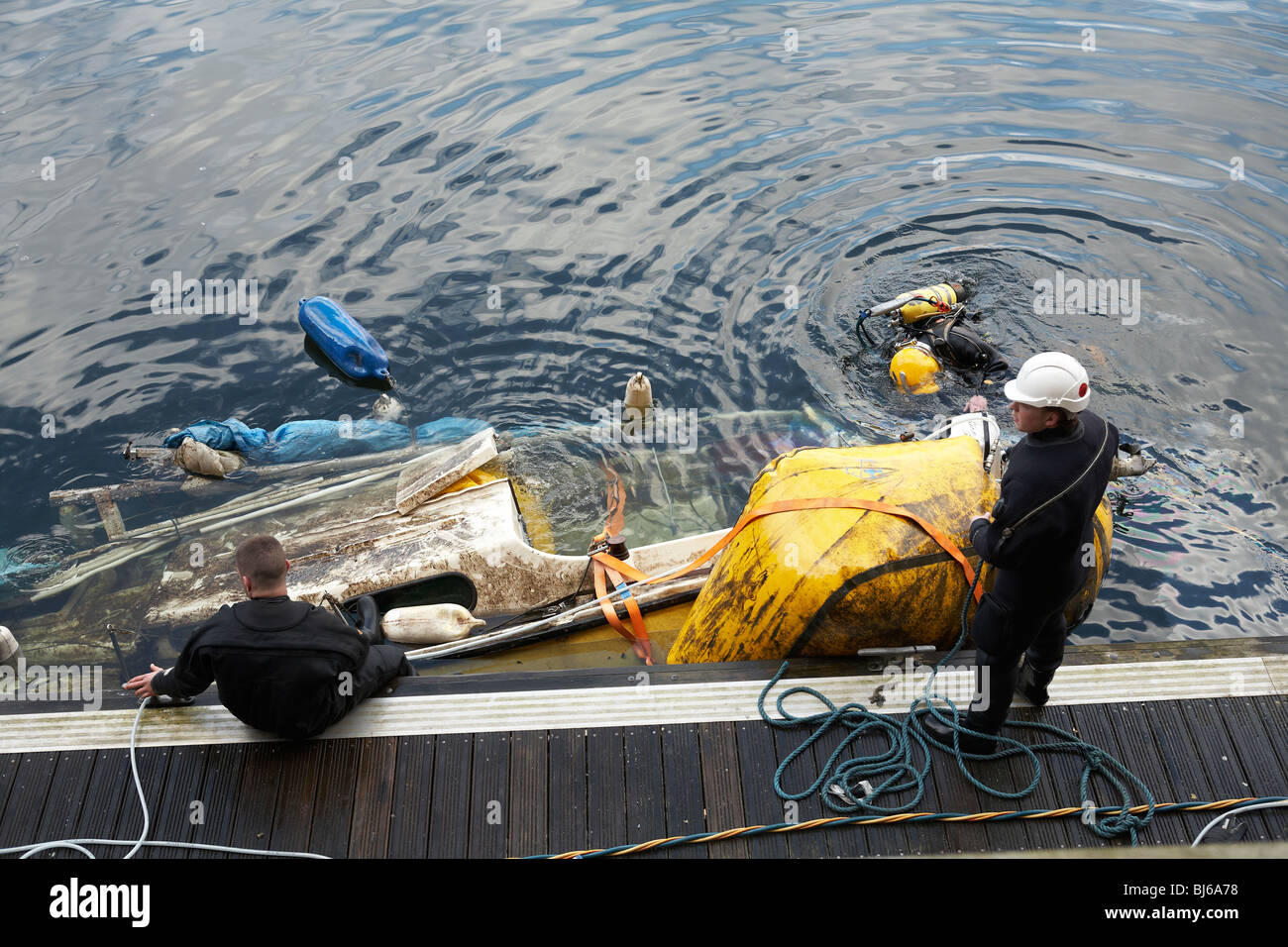 Commercial Divers recovering sunken boat Albert Dock Liverpool ...