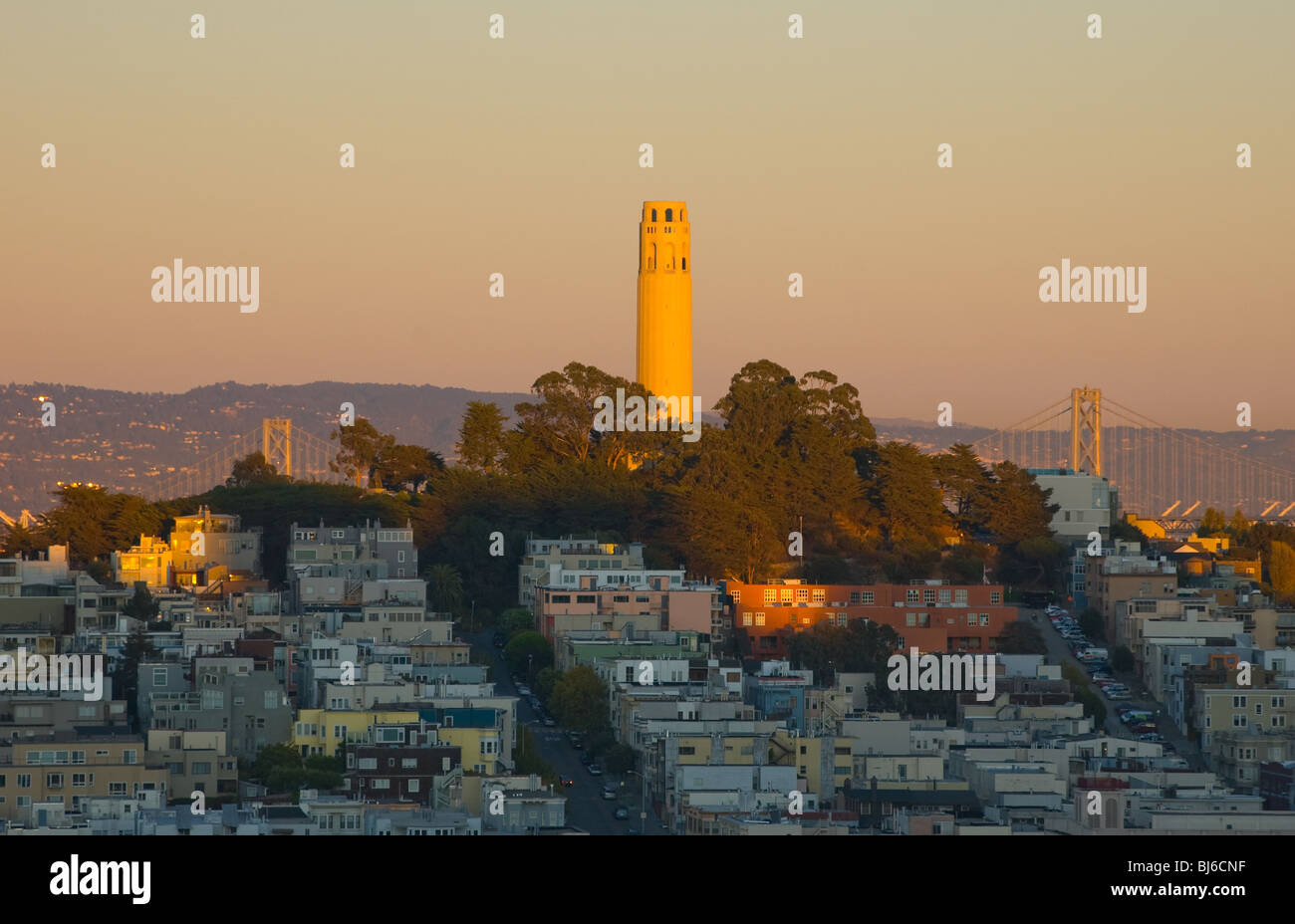 Coit Tower in late afternoon sunshine, San Francisco, California USA ...
