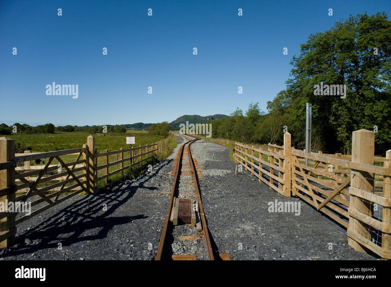 Welsh Highland Railway new bridge and line at Pont Croesor in the Glaslyn valley,Snowdonia ...