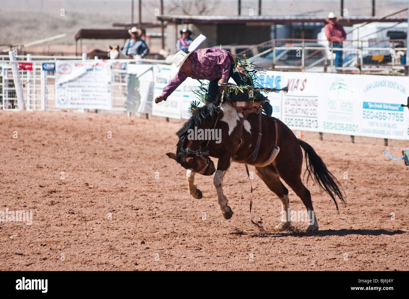 a cowboy competes in the saddle bronc riding event during the O'Odham ...