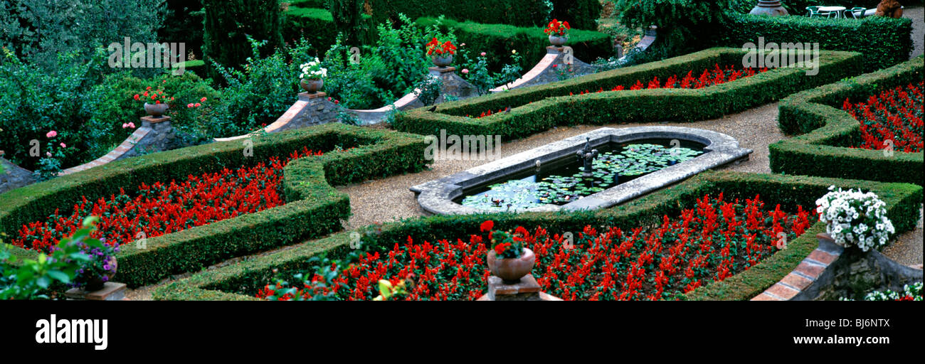 The classical terrace of the Villa Arrighetti Tuscan garden in summer ...