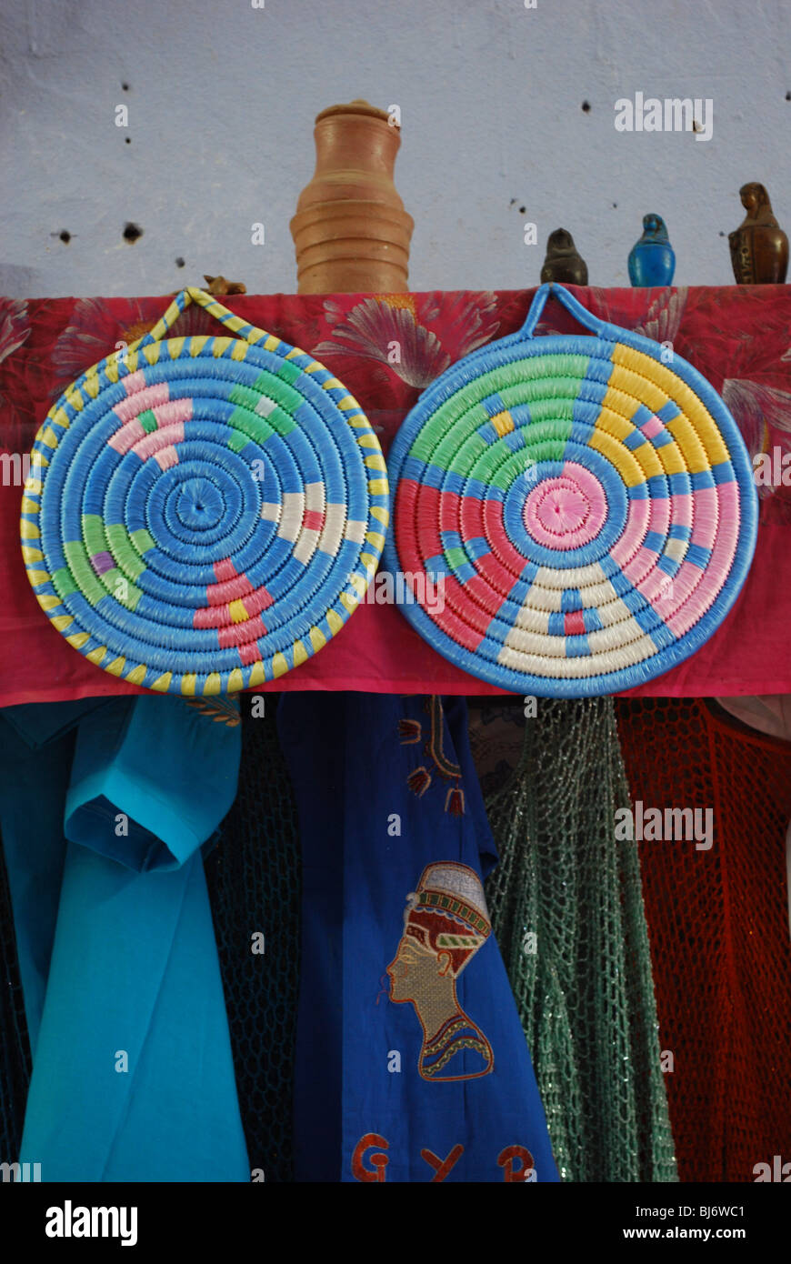 Crafts for sale in a Nubian village shop on the Nile River near Aswan ...