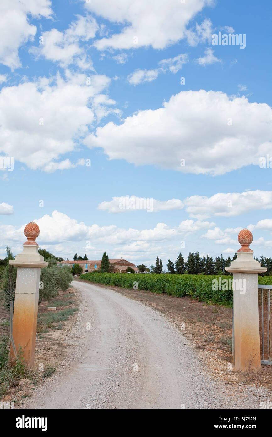The entrance of a vineyard. Old stone gats and road leading to a ...