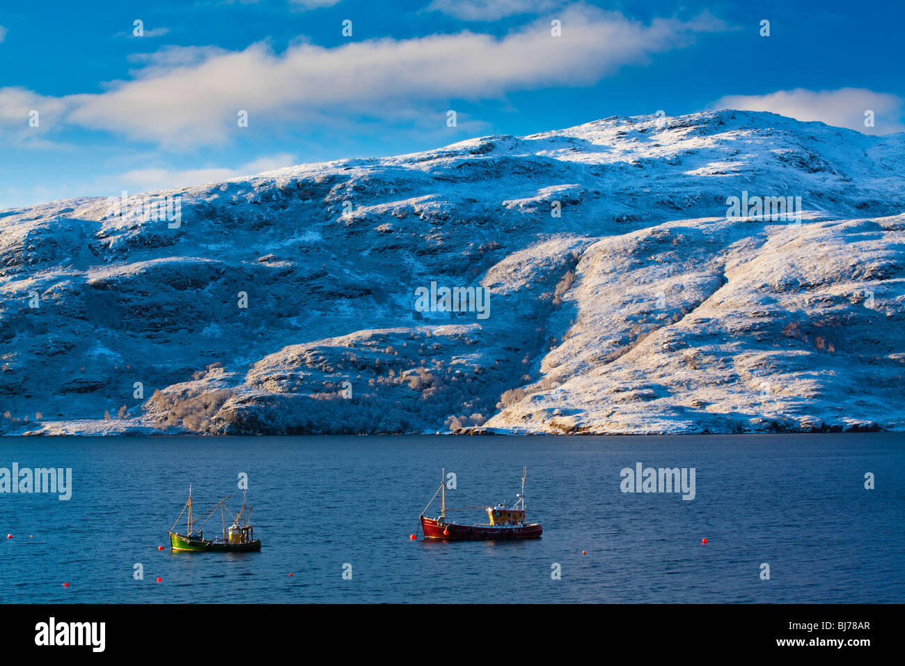 Scotland, Scottish Highlands, Ullapool. Early morning winter scene of ...