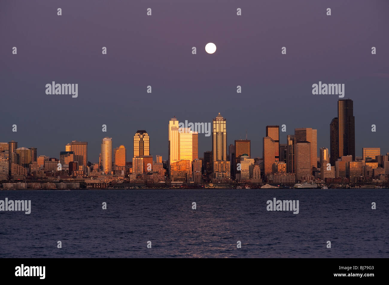 Retro image of Seattle Skyline from West Seattle with Moonrise over ...