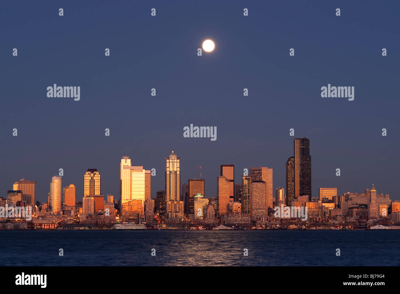 Retro image of Seattle Skyline from West Seattle with Moonrise over ...