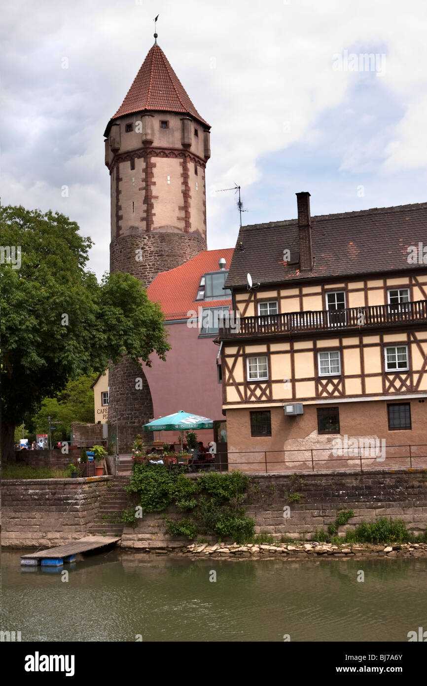 Building and tower beside river, Wertheim, Baden-Wurttemberg, Germany ...