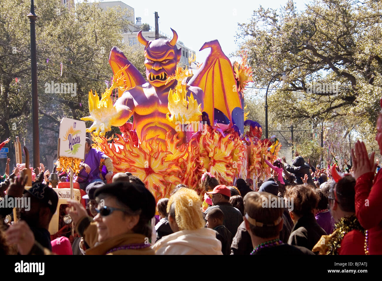 Hades float rolling down St. Charles Ave on Mardi Gras day. Rex parade ...