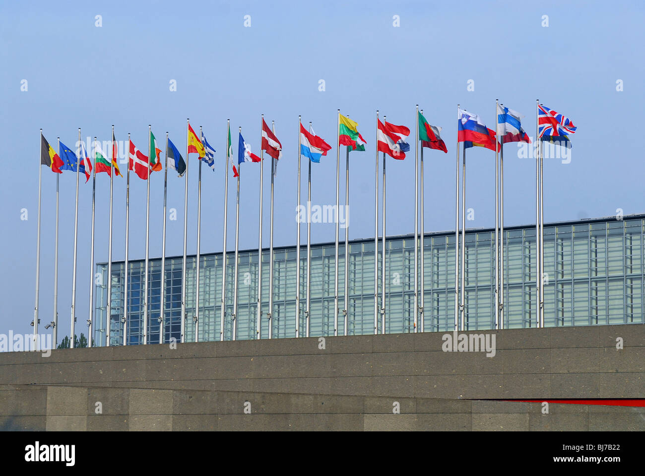 EU Member States flags in front of the European Parliament building ...