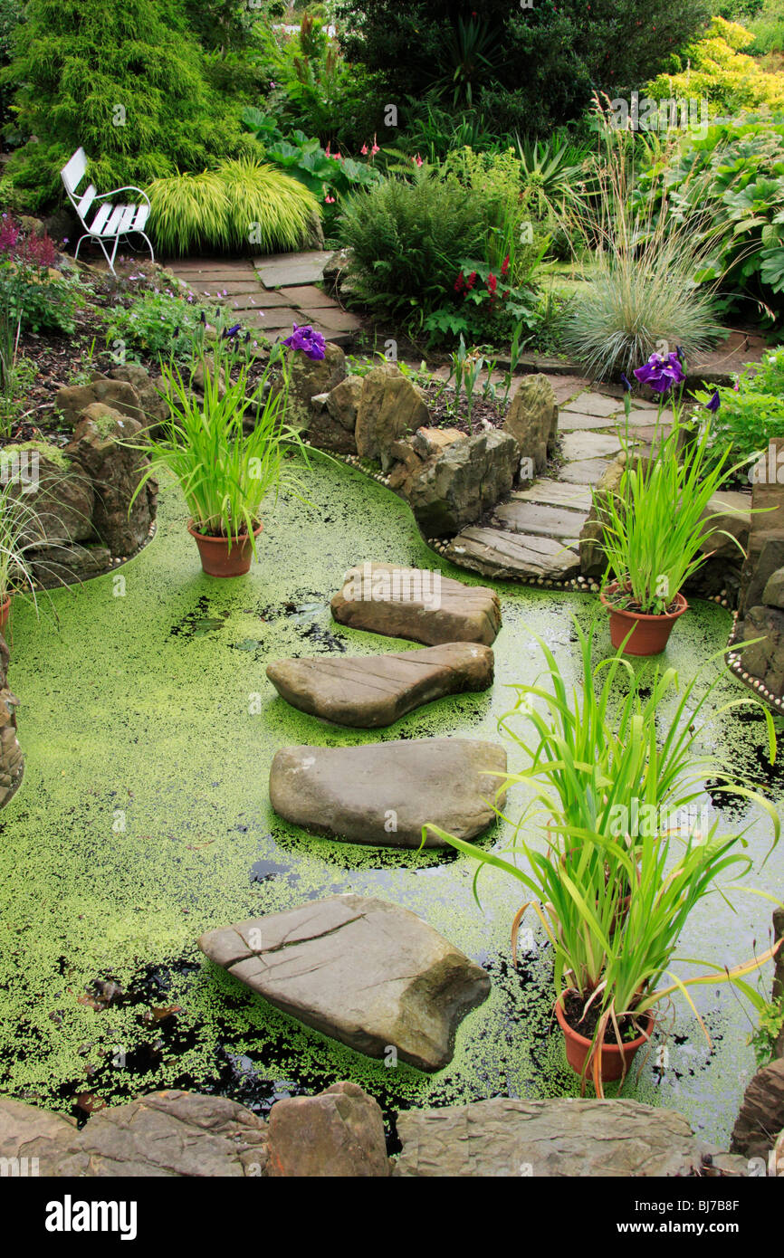 Garden pond with stepping stones in the garden of the famous Scottish ...