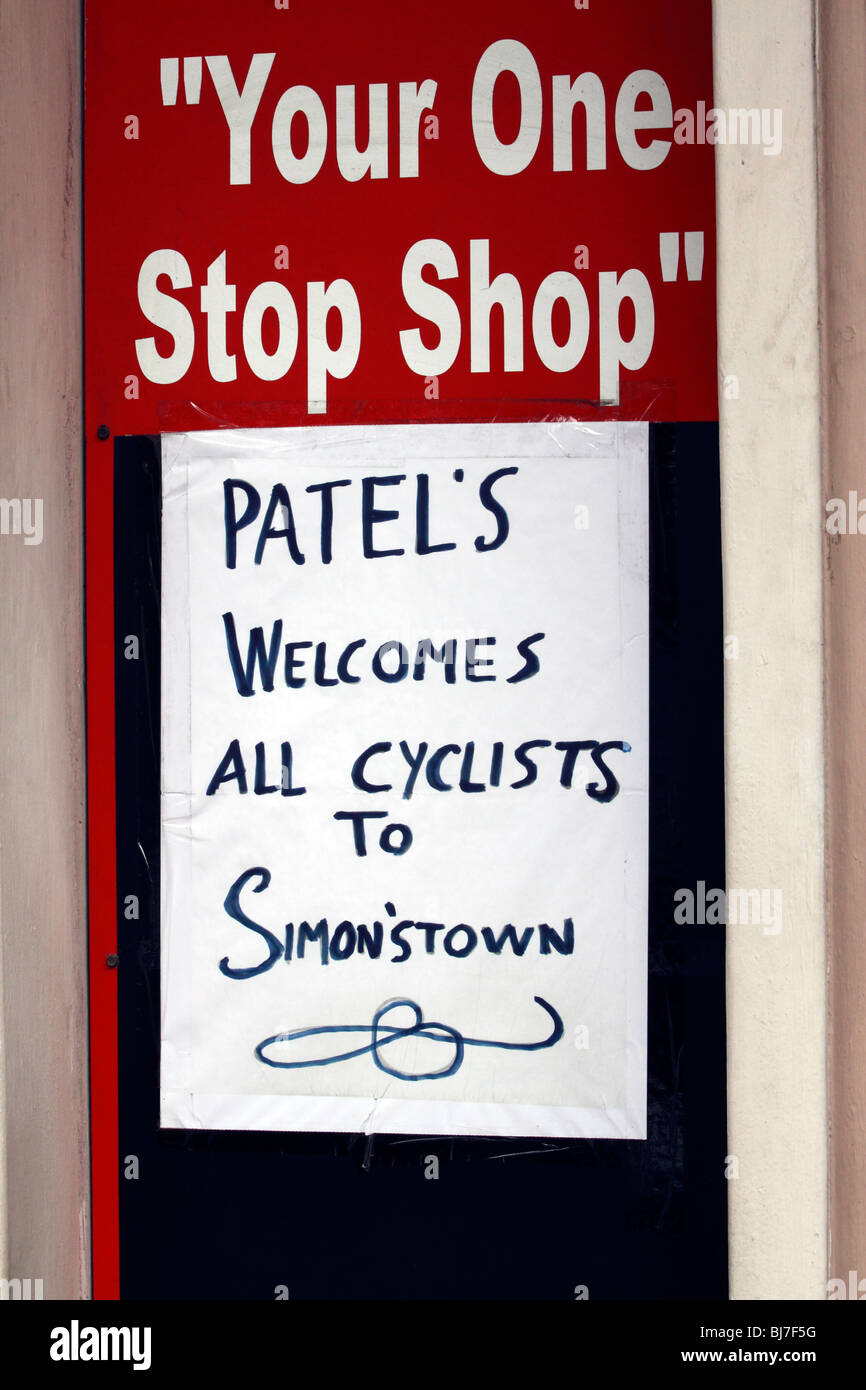 Sign in shop window welcoming cyclists in Cape Argus Cycle Tour Stock ...