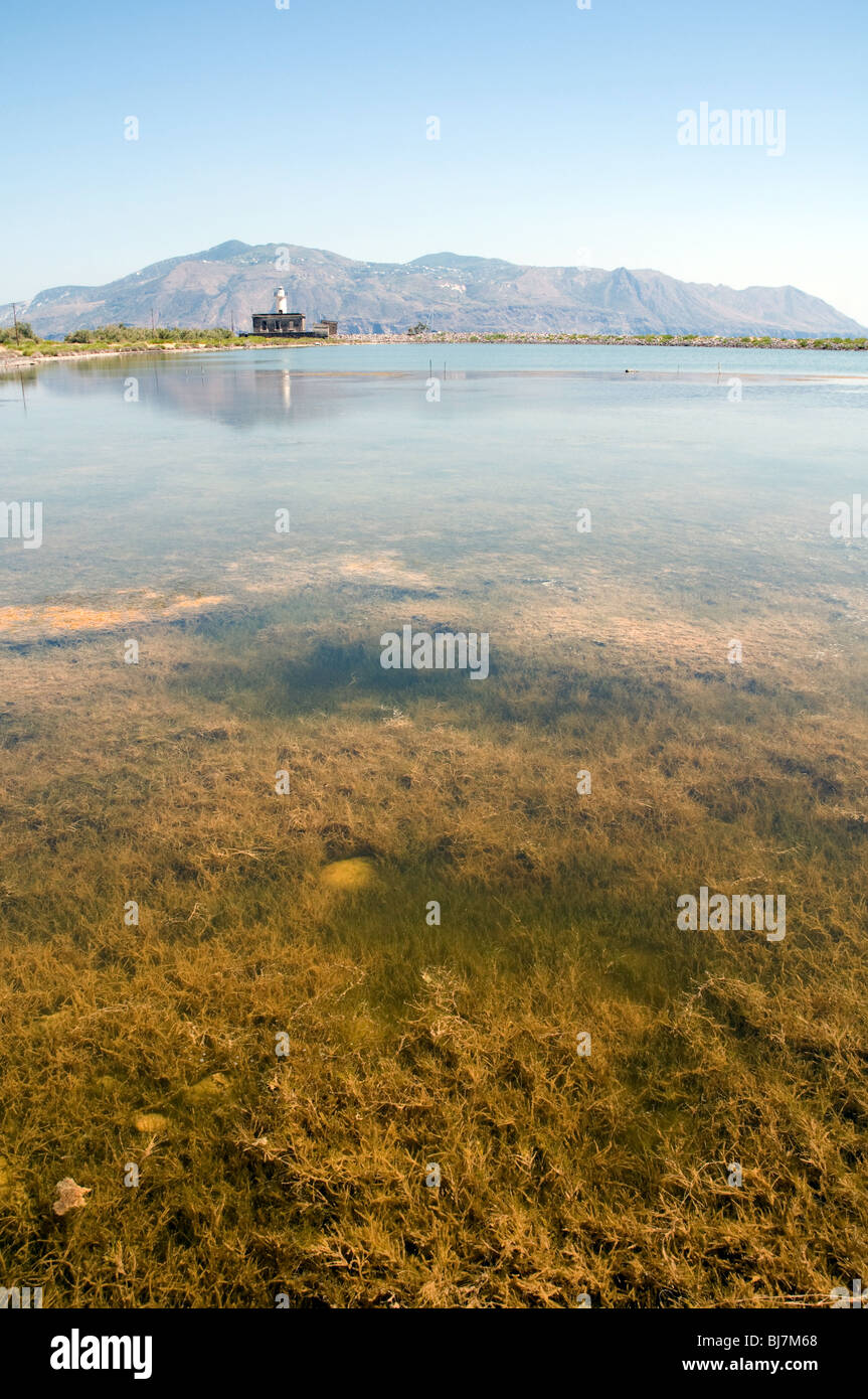 The Laghetto di Lingua, or "little salt lake" with the island of Lipari ...