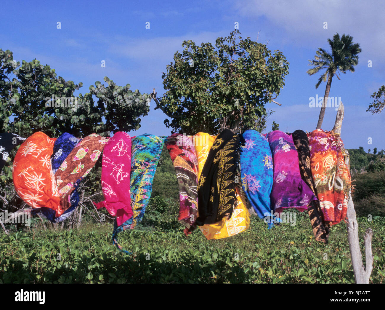 colourful fabrics displayed in Antigua Island Caribbean Stock Photo - Alamy