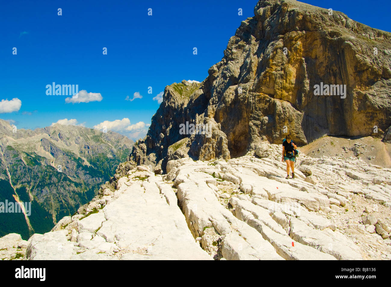 Climber on karst plateau high on the north side of 2864m Triglav in the ...