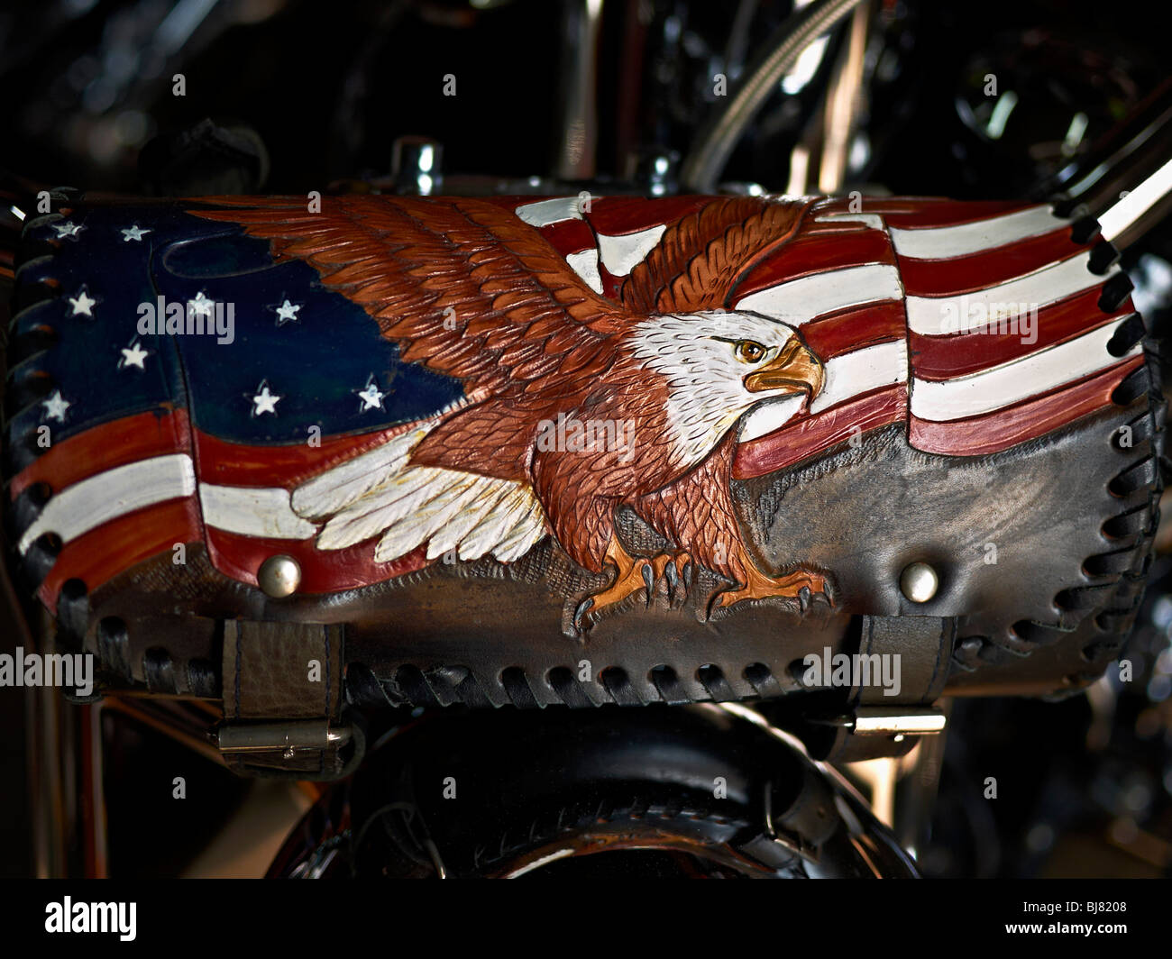 Leather biker pouch with Great American eagle crest Stock Photo - Alamy