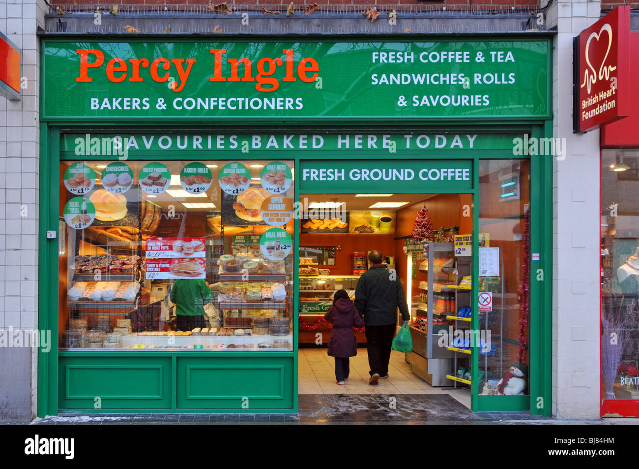 Percy Ingle high street bakers shop next to British Heart Foundation ...