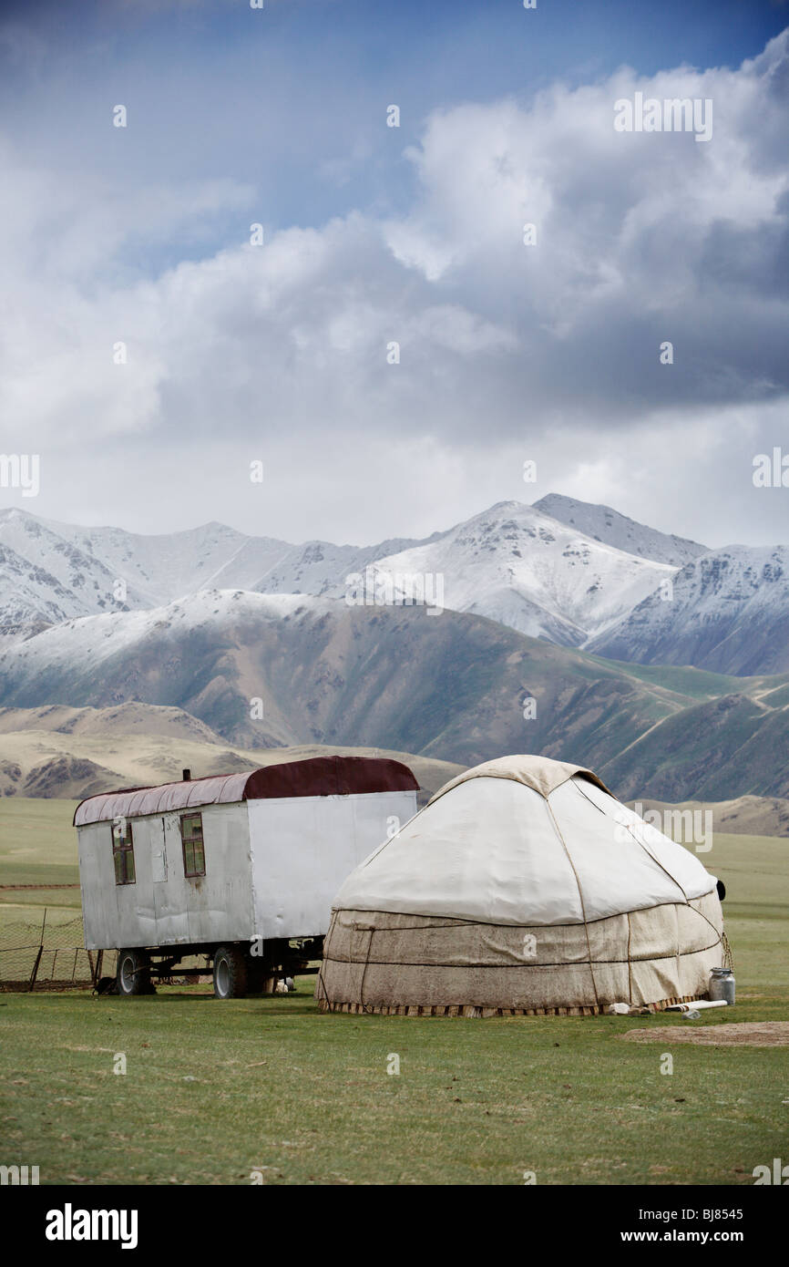 Nomad's yurt and trailer house in the summer pasture of Saraly-Saz ...