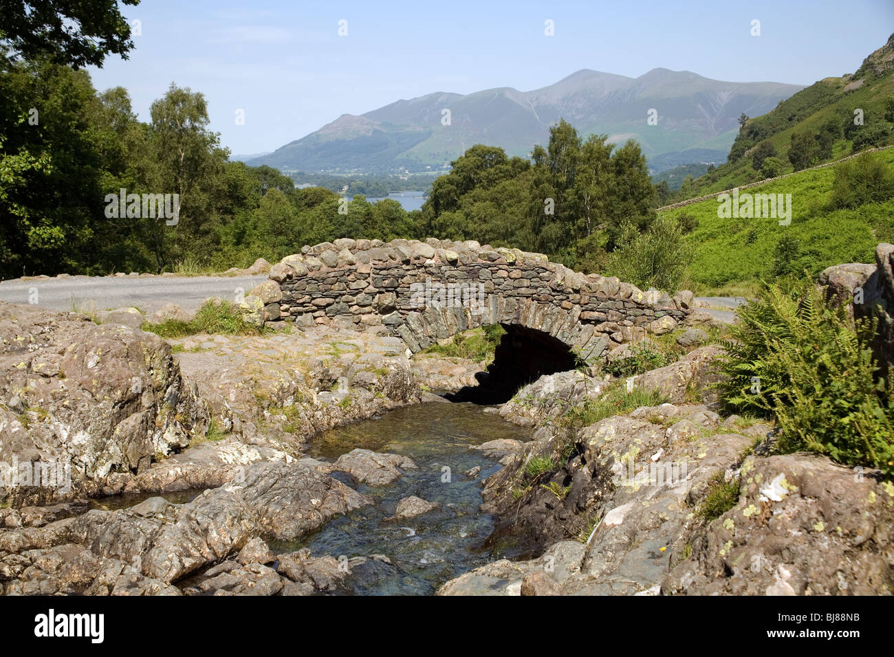 Ashness Bridge over Barrow Beck, with Derwent Water and the Derwent ...