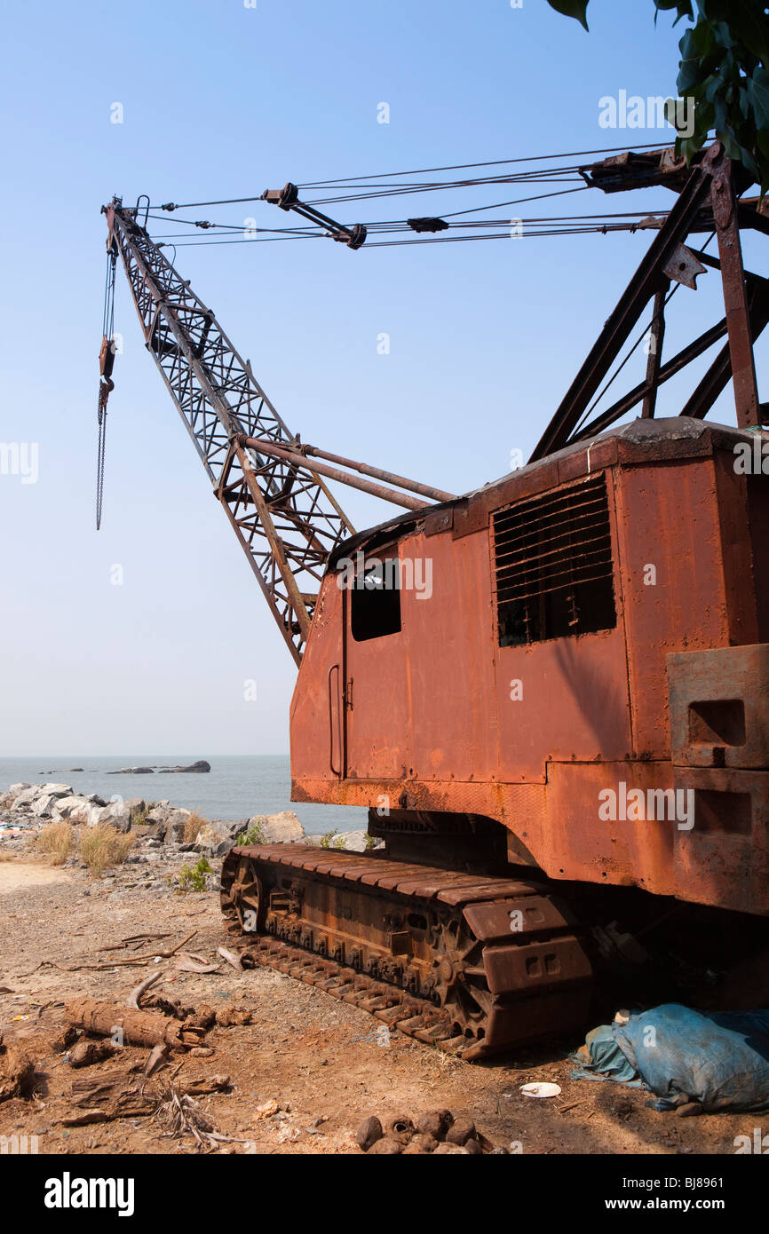 India, Kerala, Mahe (Pondicherry) Union Territory, old rusting crane on ...