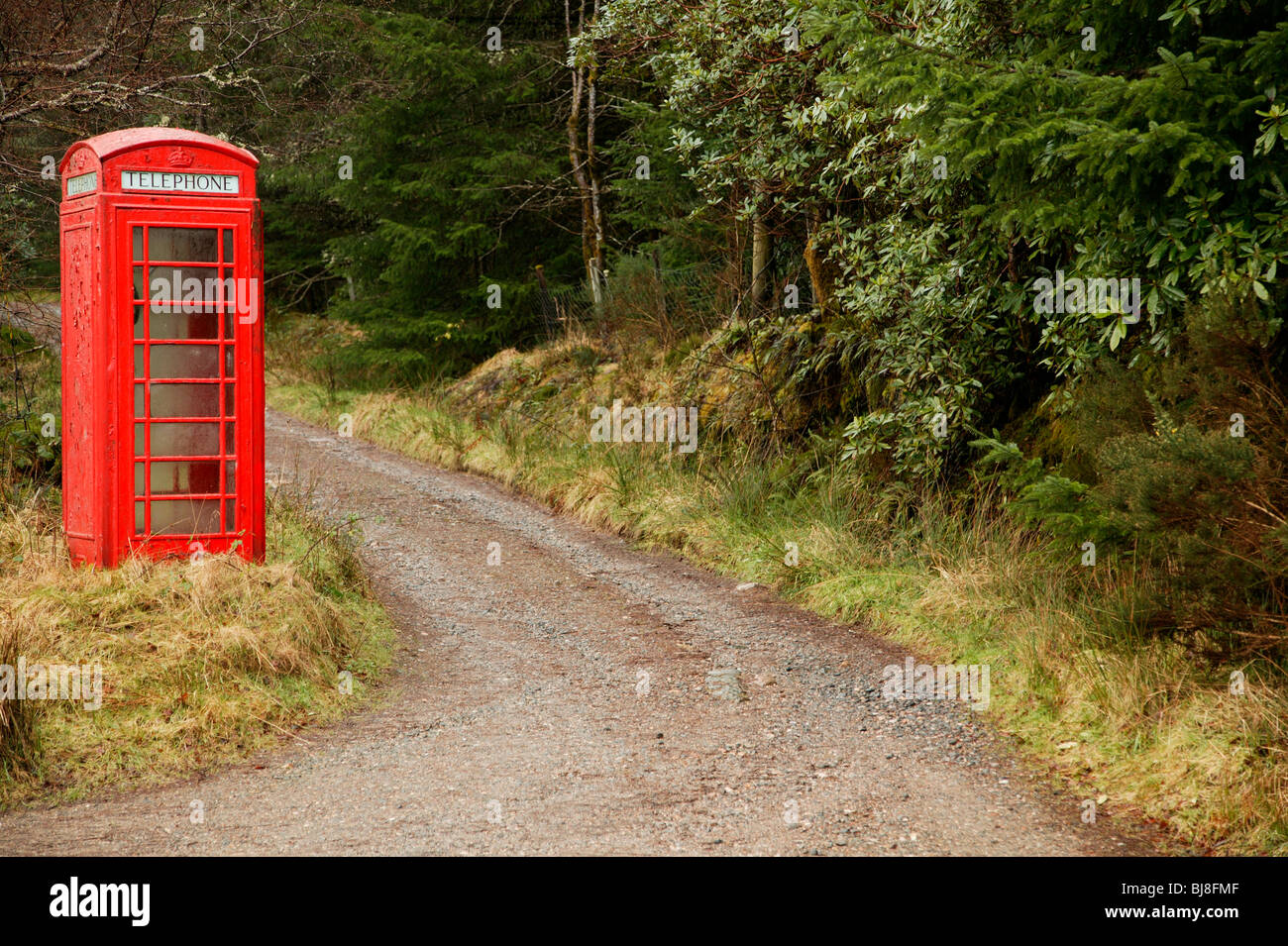 English telephone box in countryside near Lair, Western Highlands ...