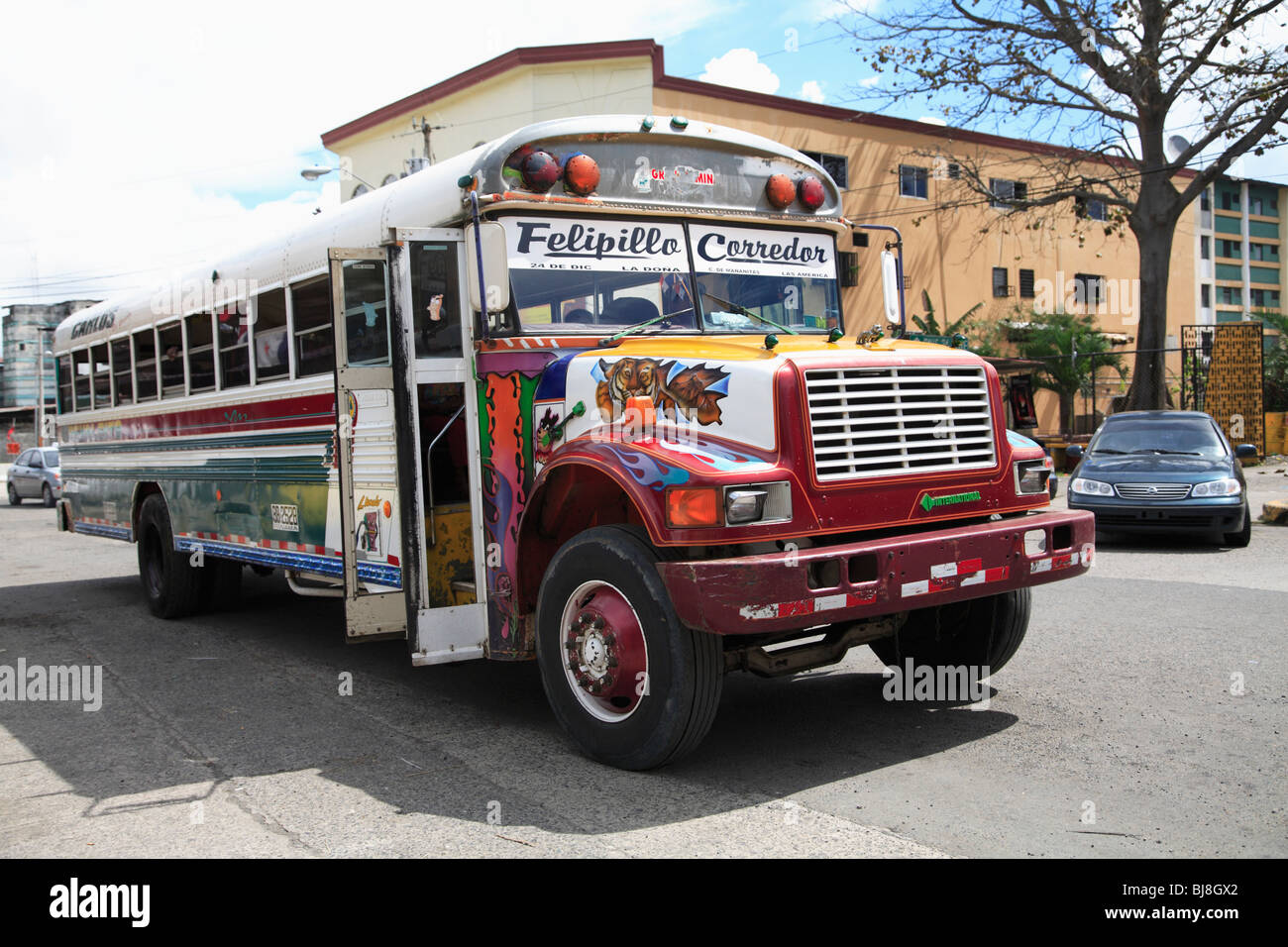 Public Buses, referred to locally as Diablos Rojos (Red Devils), Panama ...