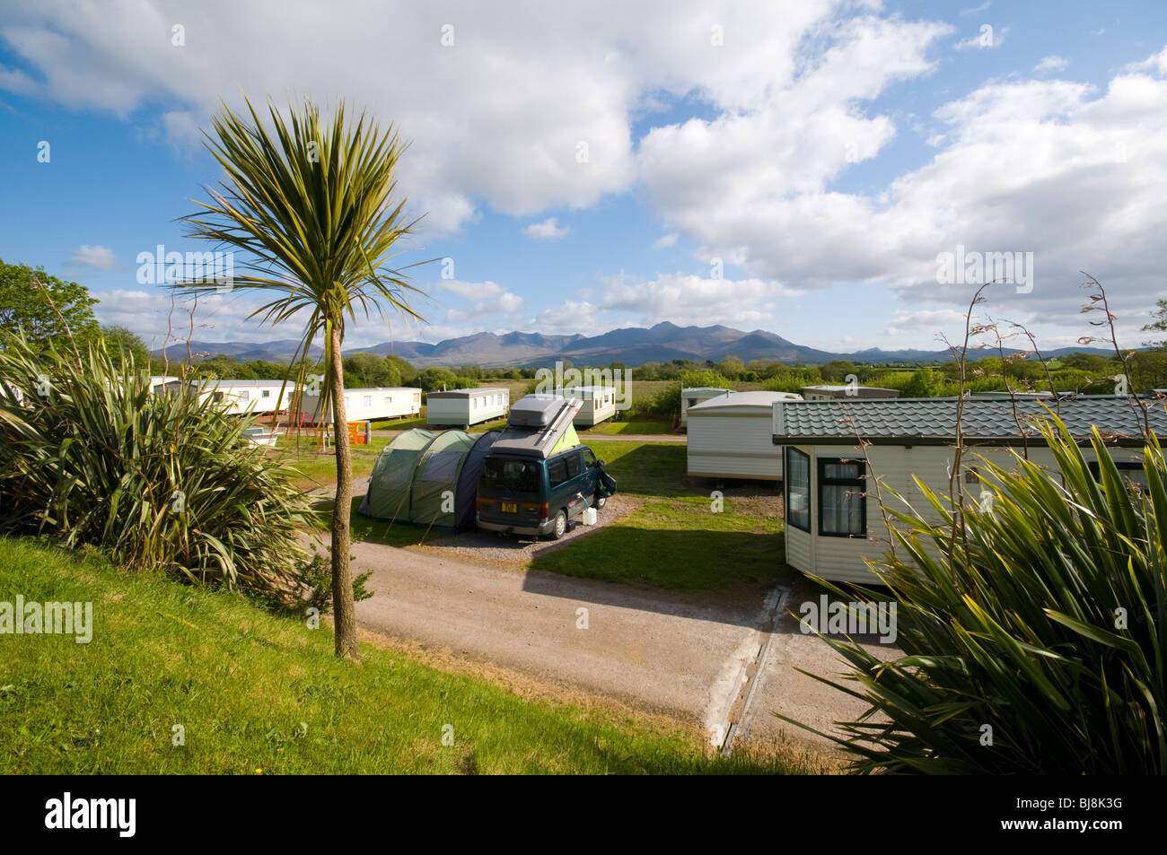 A camp site at Killorglin, Kerry, Ireland, with a view of Carrauntoohil ...